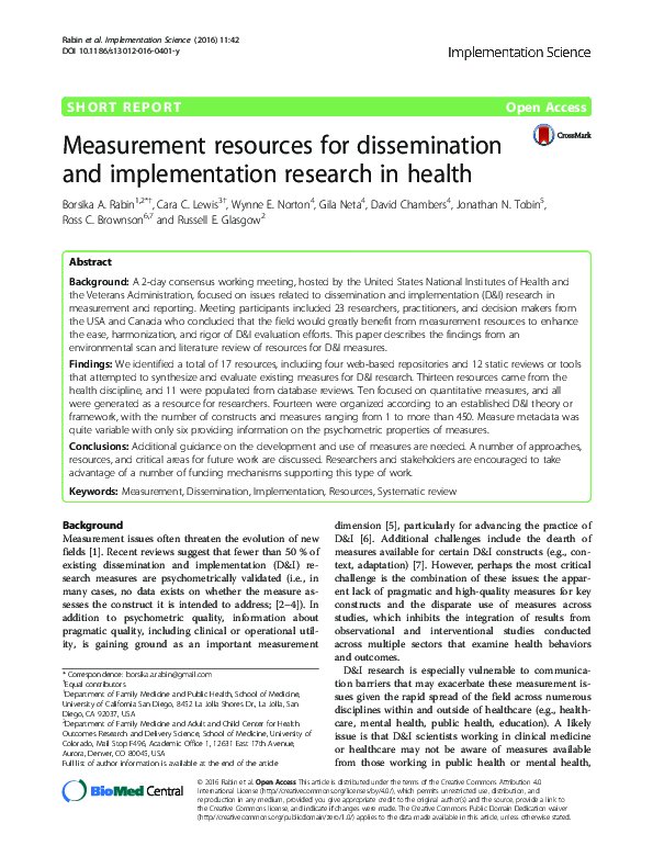 (PDF) Measurement resources for dissemination and implementation research in health | Jonathan ...