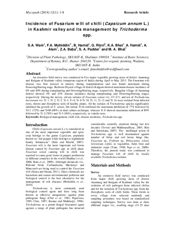 (PDF) Incidence of Fusarium wilt of chilli (Capsicum annum L.) in ...