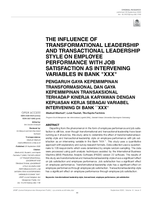 (PDF) The Influence of Transformational Leadership and Transactional Leadership Style on ...