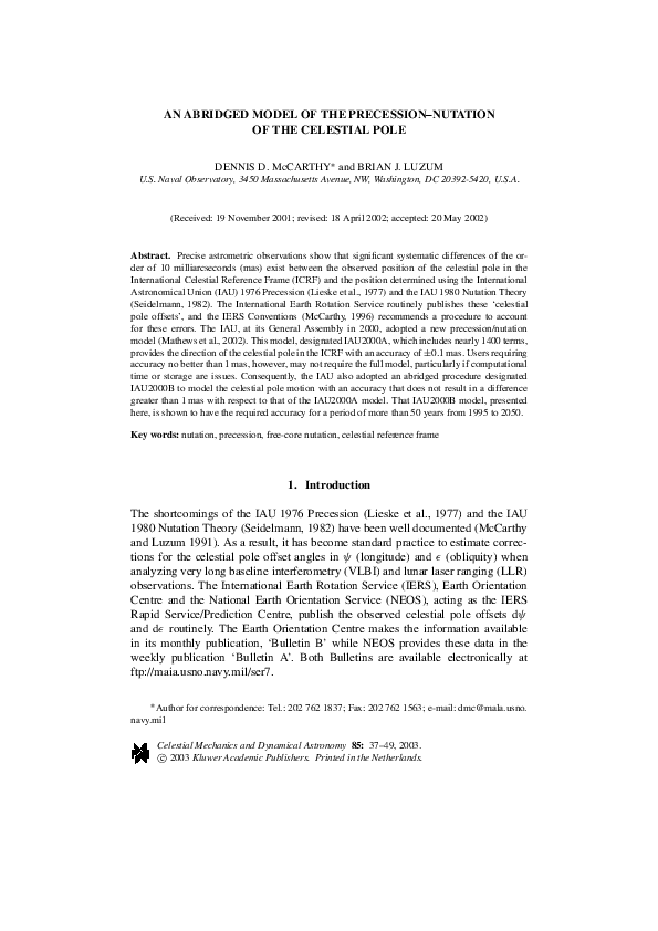 (PDF) An Abridged Model of the Precession Nutation of the Celestial Pole