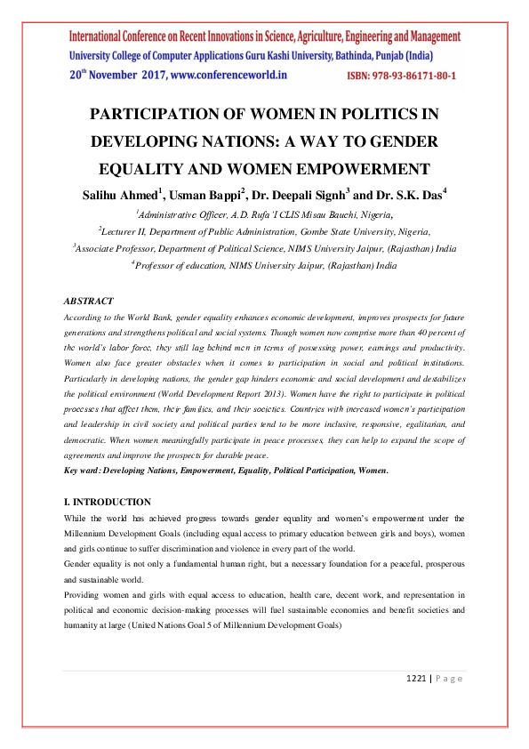 (PDF) PARTICIPATION OF WOMEN IN POLITICS IN DEVELOPING NATIONS: A WAY ...