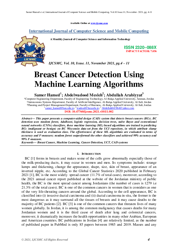 Pdf Breast Cancer Detection Using Machine Learning Algorithms