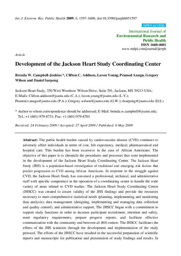 (PDF) Development of the Jackson Heart Study Coordinating Center ...