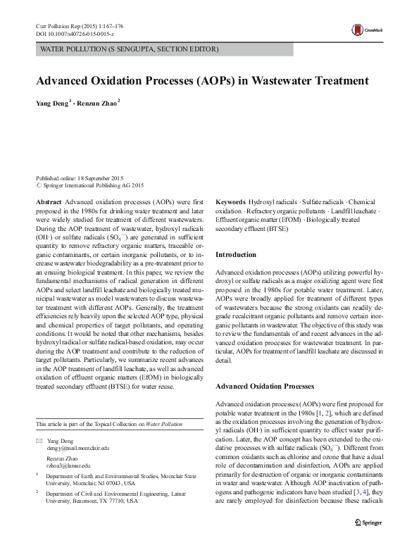 (PDF) Advanced Oxidation Processes (AOPs) in Wastewater Treatment | Renzun Zhao - Academia.edu