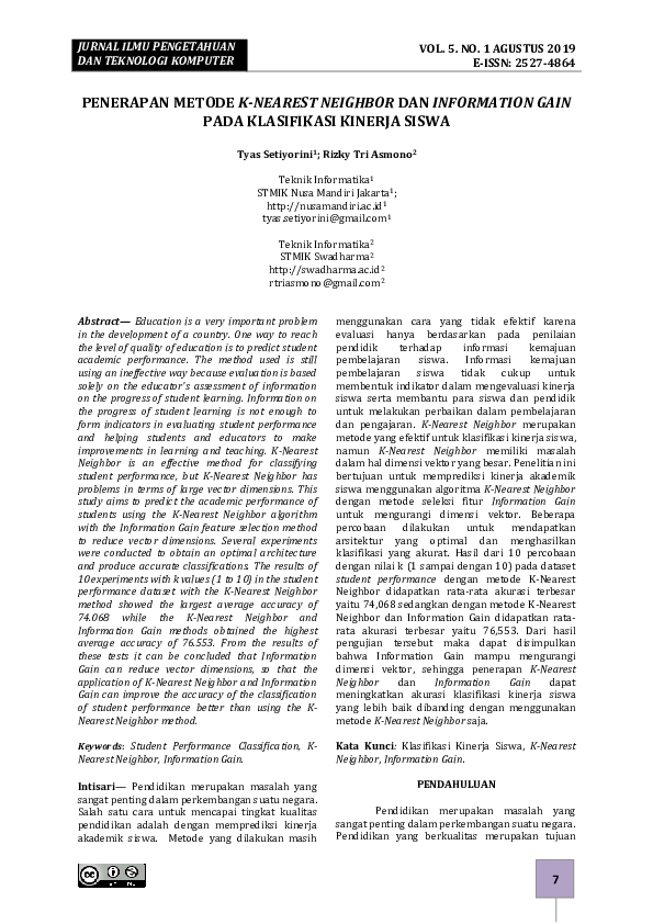 (PDF) Penerapan Metode K-Nearest Neighbor Dan Information Gain Pada ...