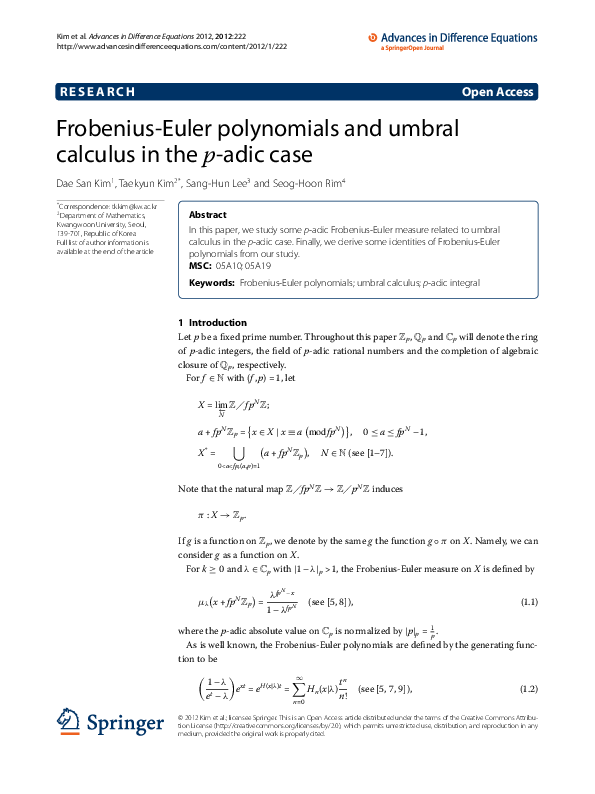 (PDF) Frobenius-Euler polynomials and umbral calculus in the p-adic case | dae kim - Academia.edu