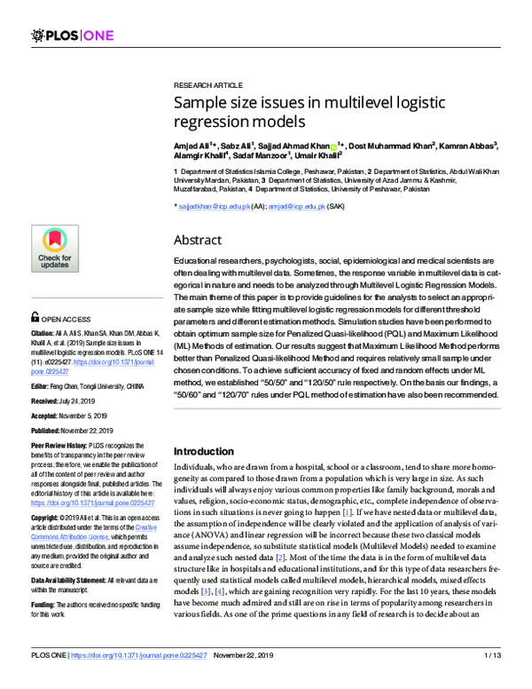 (PDF) Sample size issues in multilevel logistic regression models