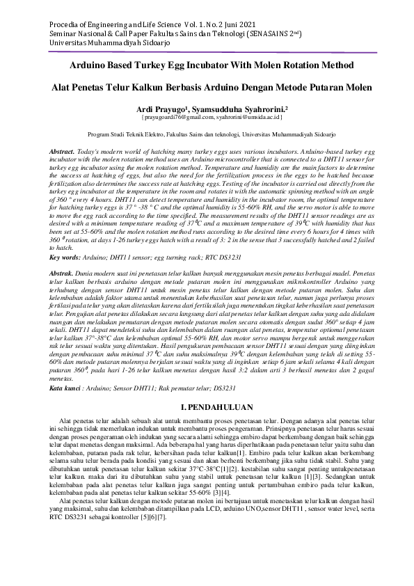 (PDF) Arduino Based Turkey Egg Incubator With Molen Rotation Method