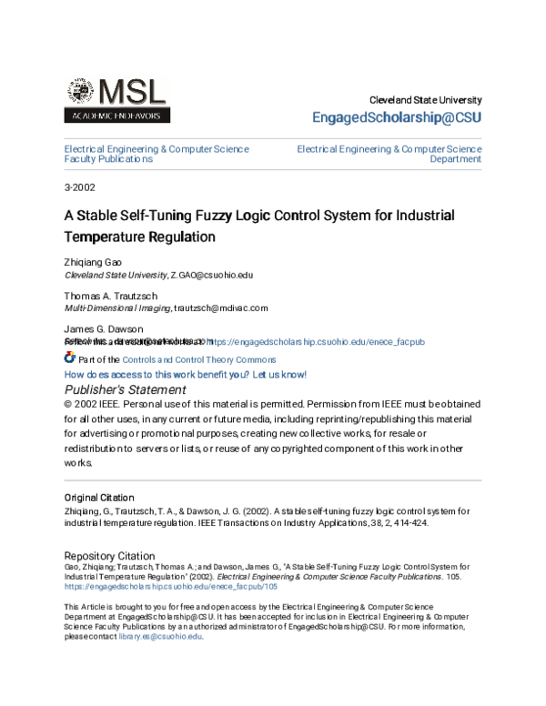 (PDF) A Stable Self - Tuning Fuzzy Logic Control System for Industrial Temperature Regulation