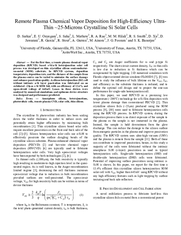(PDF) Remote plasma chemical vapor deposition for high-efficiency ultra ...