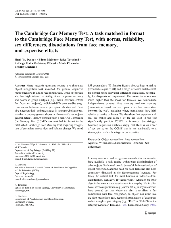 Pdf The Cambridge Car Memory Test A Task Matched In Format To The