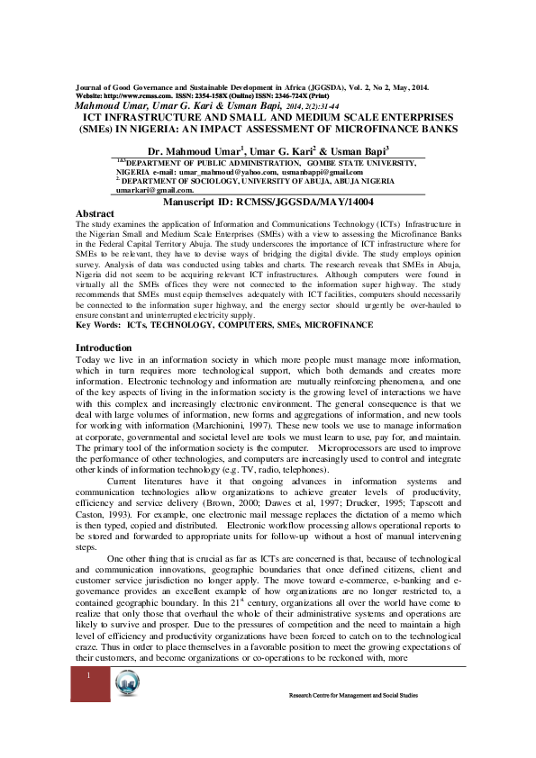 (PDF) ICT INFRASTRUCTURE AND SMALL AND MEDIUM SCALE ENTERPRISES (SMEs) IN NIGERIA: AN IMPACT ...