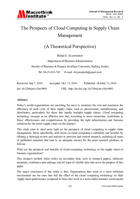 (PDF) The Prospects of Cloud Computing in Supply Chain Management (A Theoretical Perspective)
