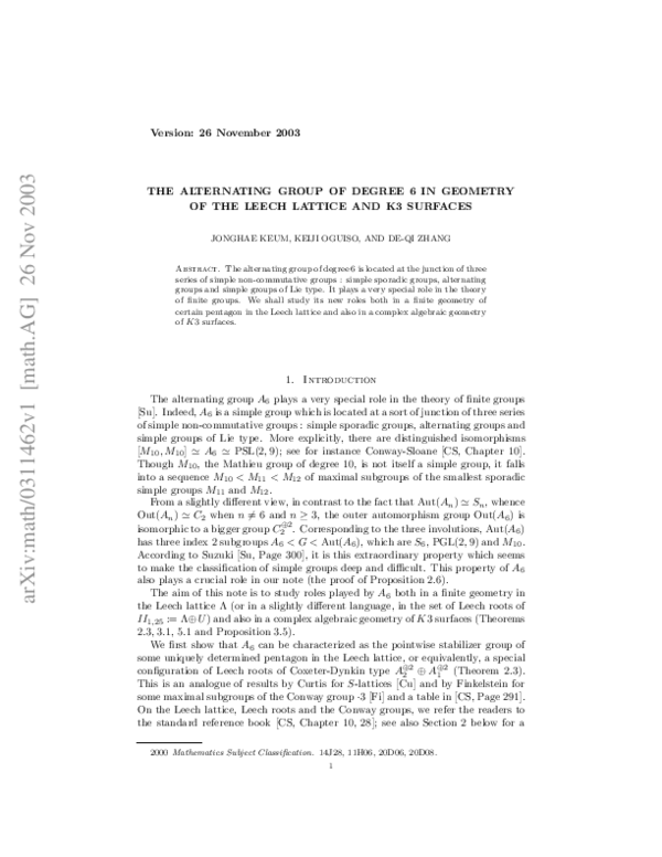 (PDF) The Alternating Group of degree 6 in Geometry of the Leech ...