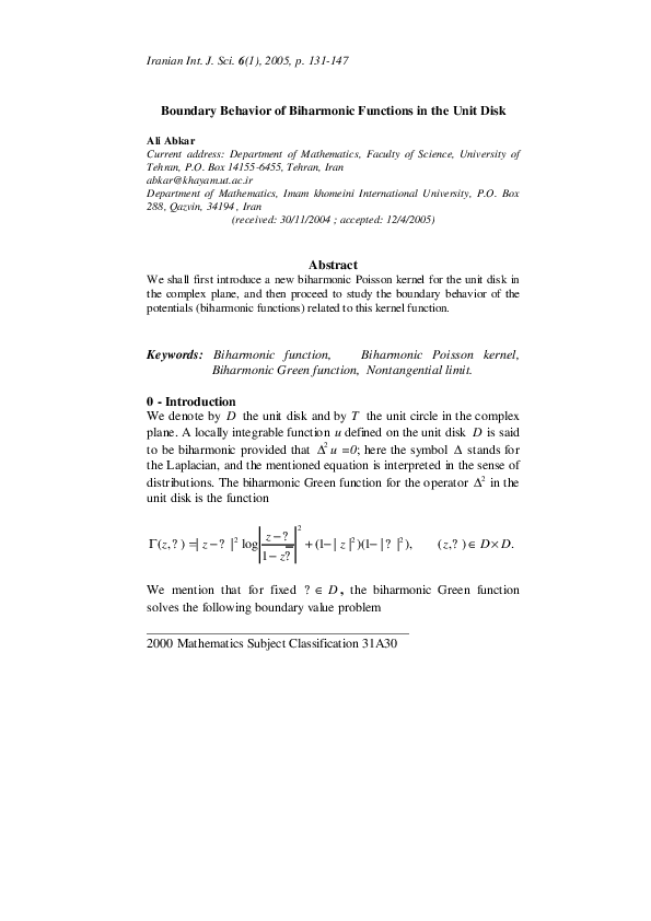 (PDF) Boundary behavior of biharmonic functions in the unit disk