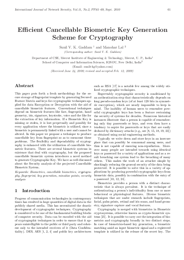 Pdf Efficient Cancelable Biometric Key Generation Scheme For Cryptography