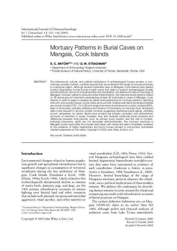 (PDF) Mortuary patterns in burial caves on Mangaia, Cook Islands