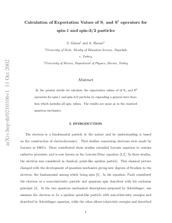 (PDF) Calculation of Expectation Values of S$_{z}$ and S$^{2}$ operators for spin-1 and spin-3/2 ...