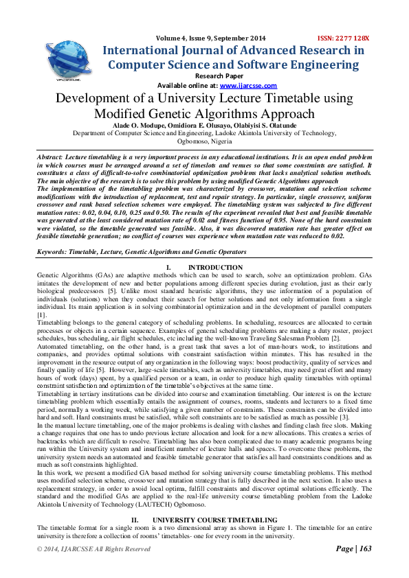 (PDF) © 2014, IJARCSSE All Rights Reserved Development of a University Lecture Timetable using ...