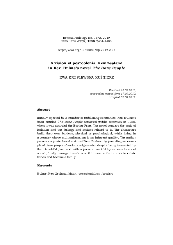 (PDF) A vision of postcolonial New Zealand in Keri Hulme’s novel "The ...
