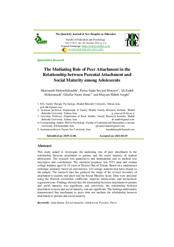 (PDF) The Mediating Role of Peer Attachment in the Relationship between Parental Attachment and ...