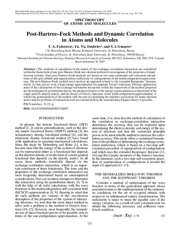 Pdf Post Hartree Fock Methods And Dynamic Correlation In Atoms And