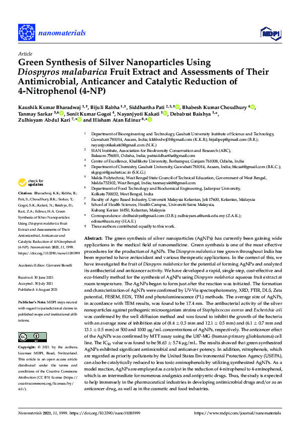 (PDF) Green Synthesis of Silver Nanoparticles Using Diospyros malabarica Fruit Extract and ...