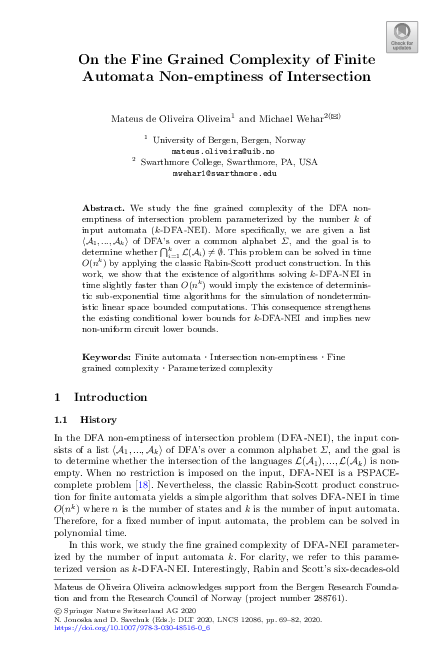 (PDF) On the Fine Grained Complexity of Finite Automata Non-emptiness of Intersection