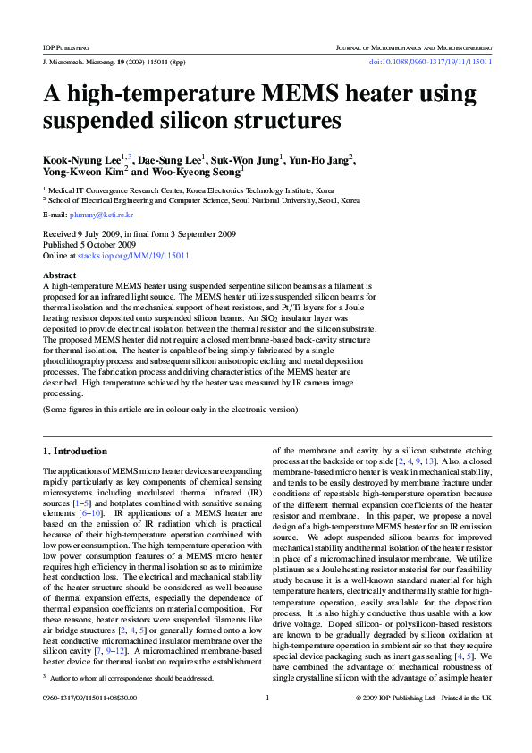 Pdf A High Temperature Mems Heater Using Suspended Silicon Structures