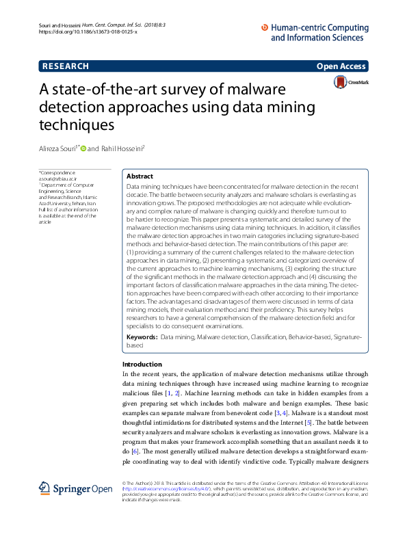 Pdf A State Of The Art Survey Of Malware Detection Approaches Using Data Mining Techniques