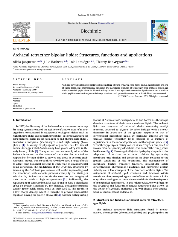 (PDF) Archaeal tetraether bipolar lipids: Structures, functions and ...