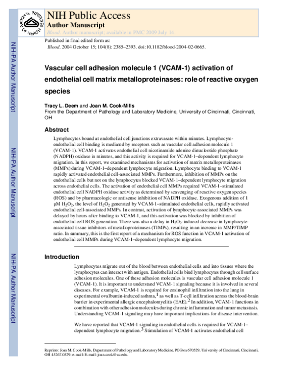 Pdf Vascular Cell Adhesion Molecule 1 Vcam 1 Activation Of Endothelial Cell Matrix