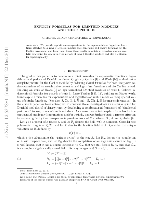 (PDF) Explicit formulas for Drinfeld modules and their periods