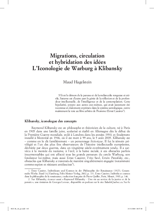 (PDF) Migrations, circulation et hybridation des idées. L’Iconologie de Warburg à Klibansky