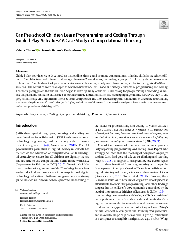 (PDF) Can Pre-school Children Learn Programming and Coding Through ...
