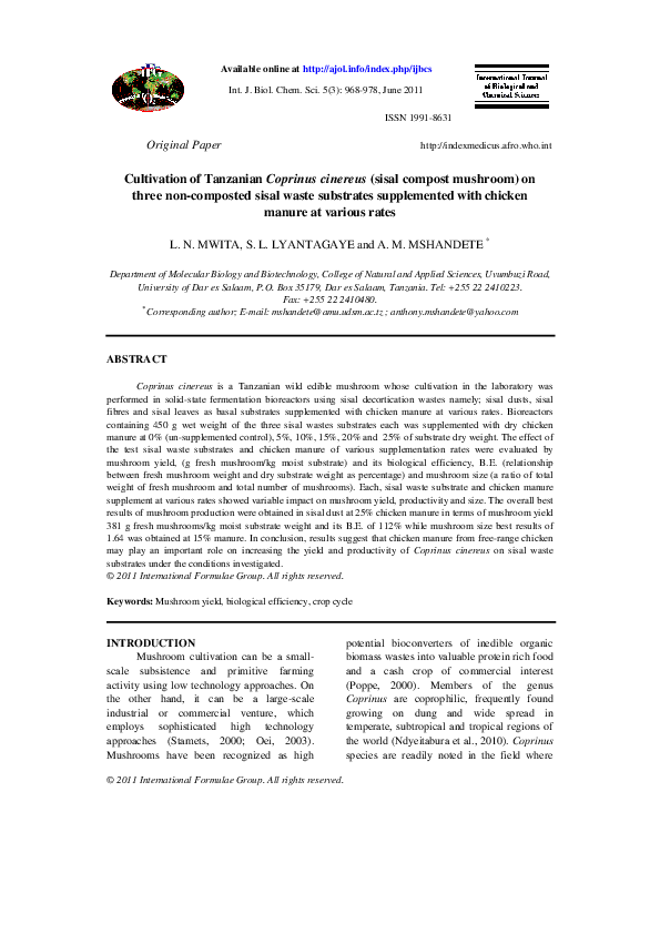 (PDF) Cultivation of Tanzanian Coprinus cinereus (sisal compost ...