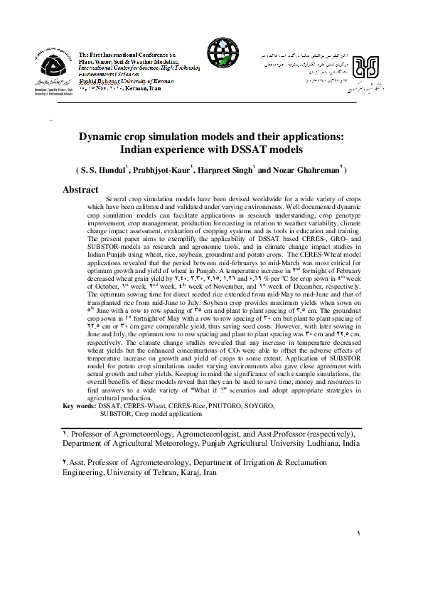 Pdf Dynamic Crop Simulation Models And Their Applications Indian