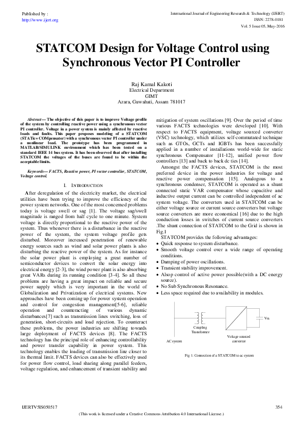 Pdf Statcom Design For Voltage Control Using Synchronous Vector Pi