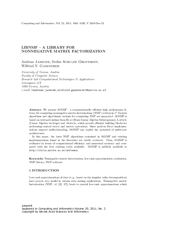 Pdf Libnmf A Library For Nonnegative Matrix Factorization