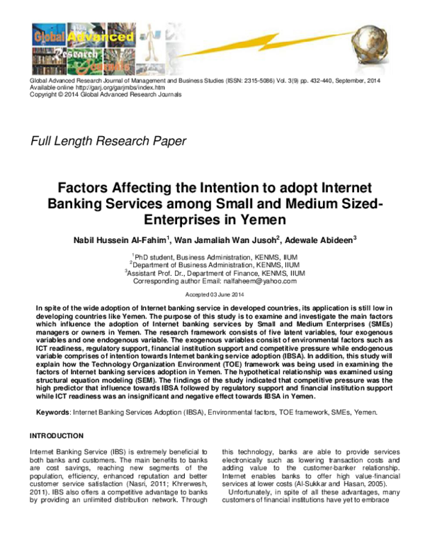 (PDF) Factors Affecting the Intention to adopt Internet Banking Services among Small and Medium ...