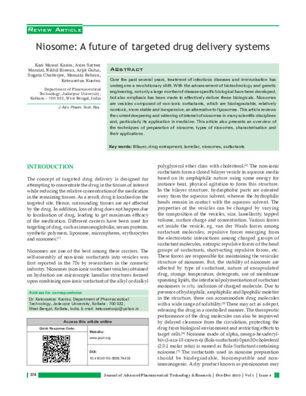 (PDF) Niosome: A future of targeted drug delivery systems