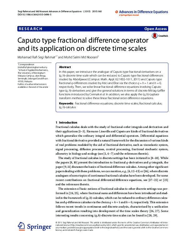 Pdf Caputo Type Fractional Difference Operator And Its Application On