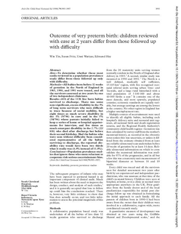 (PDF) Outcome of very preterm birth: children reviewed with ease at 2 ...