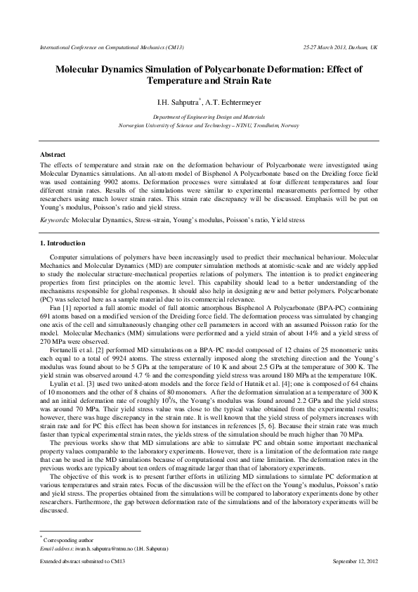 Pdf Molecular Dynamics Simulation Of Polycarbonate Deformation Effect Of Temperature And