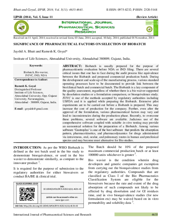 (PDF) Significance of Pharmaceutical Factors on Selection of Biobatch ...