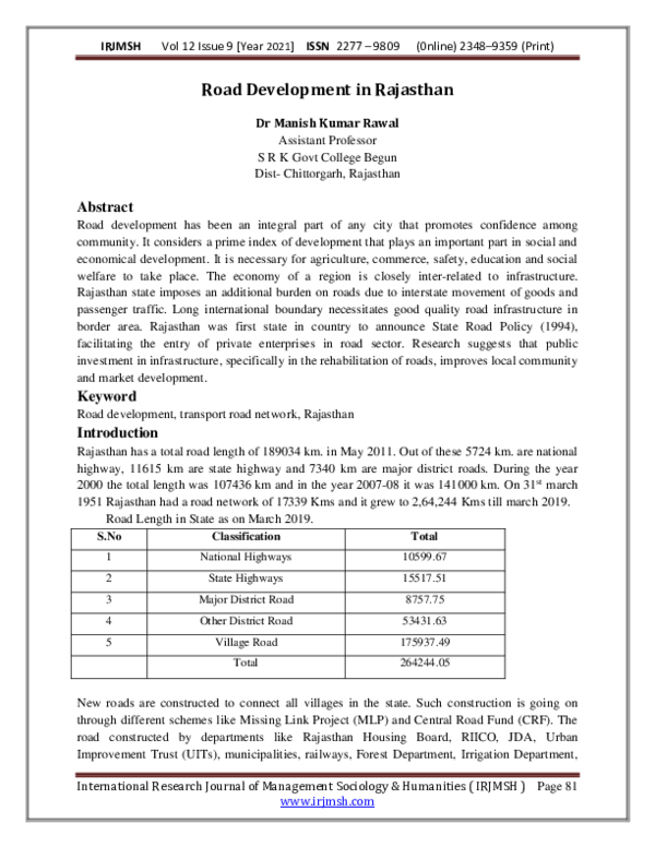 (PDF) Road Development in Rajasthan