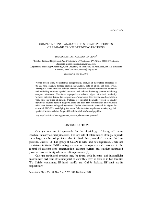 (PDF) Computational Analysis of Surface Properties of Ef-Hand Calcium Binding Proteins