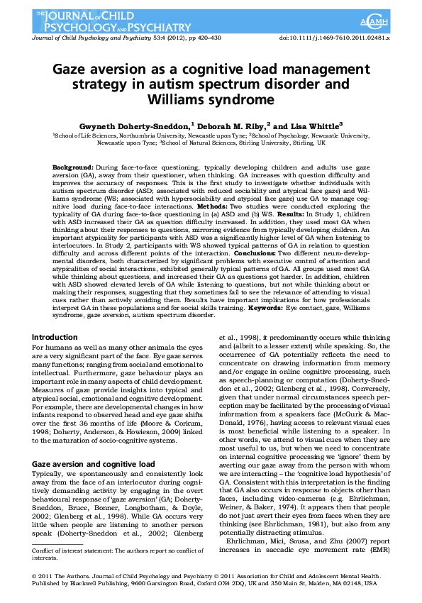 (PDF) Gaze aversion as a cognitive load management strategy in autism spectrum disorder and ...