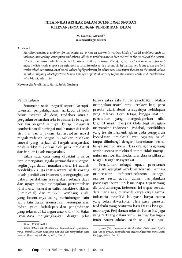 (PDF) Nilai-Nilai Akhlak Dalam Suluk Linglung Dan Relevansinya Dengan ...