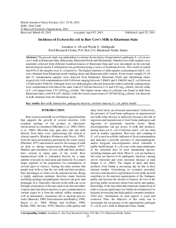 (PDF) Incidence of Escherichia coli in Raw Cow's Milk in Khartoum State